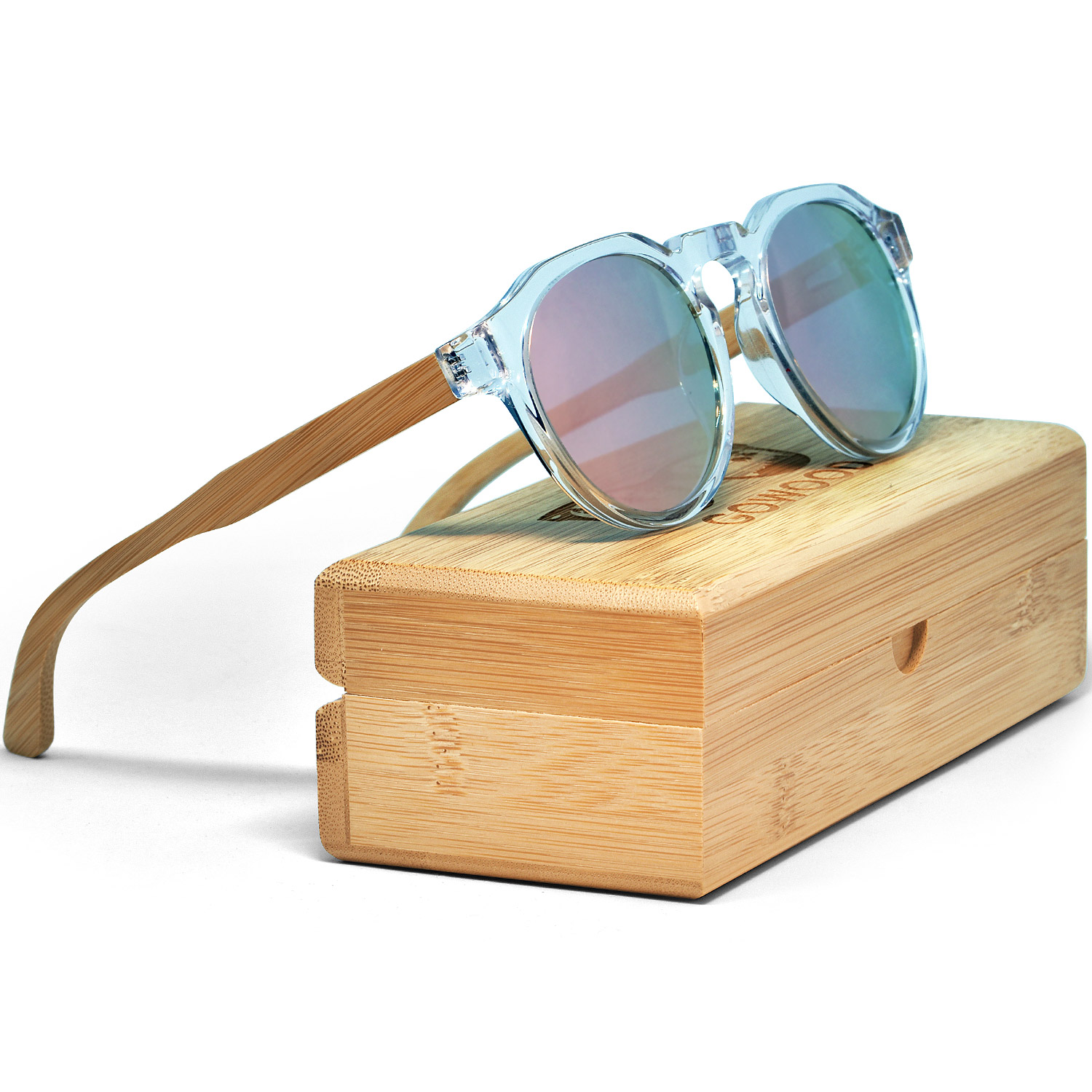 bamboo wood panto sunglasses pink lenses with bamboo box - GOWOOD